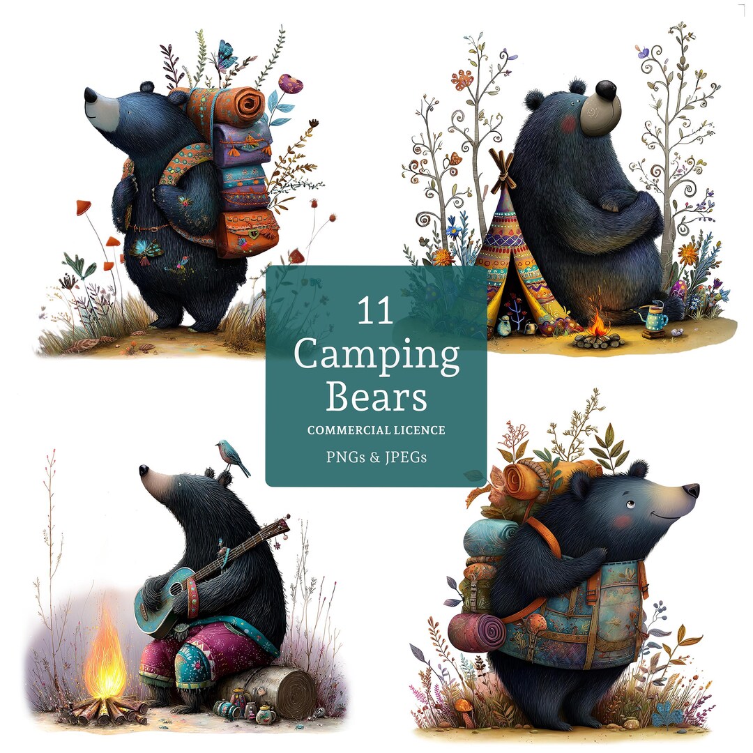 Bear Camping Clipart, 11 High Quality Pngs/jpgs, Watercolour Woodland ...
