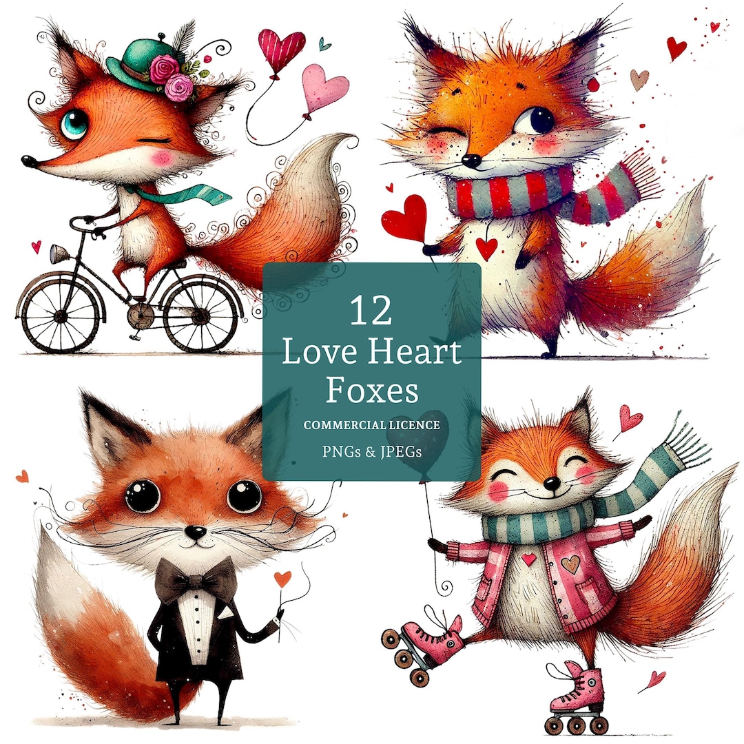 Love Heart Fox Clipart, 12 High Quality Pngs/jpgs, Valentine's Day Fox ...