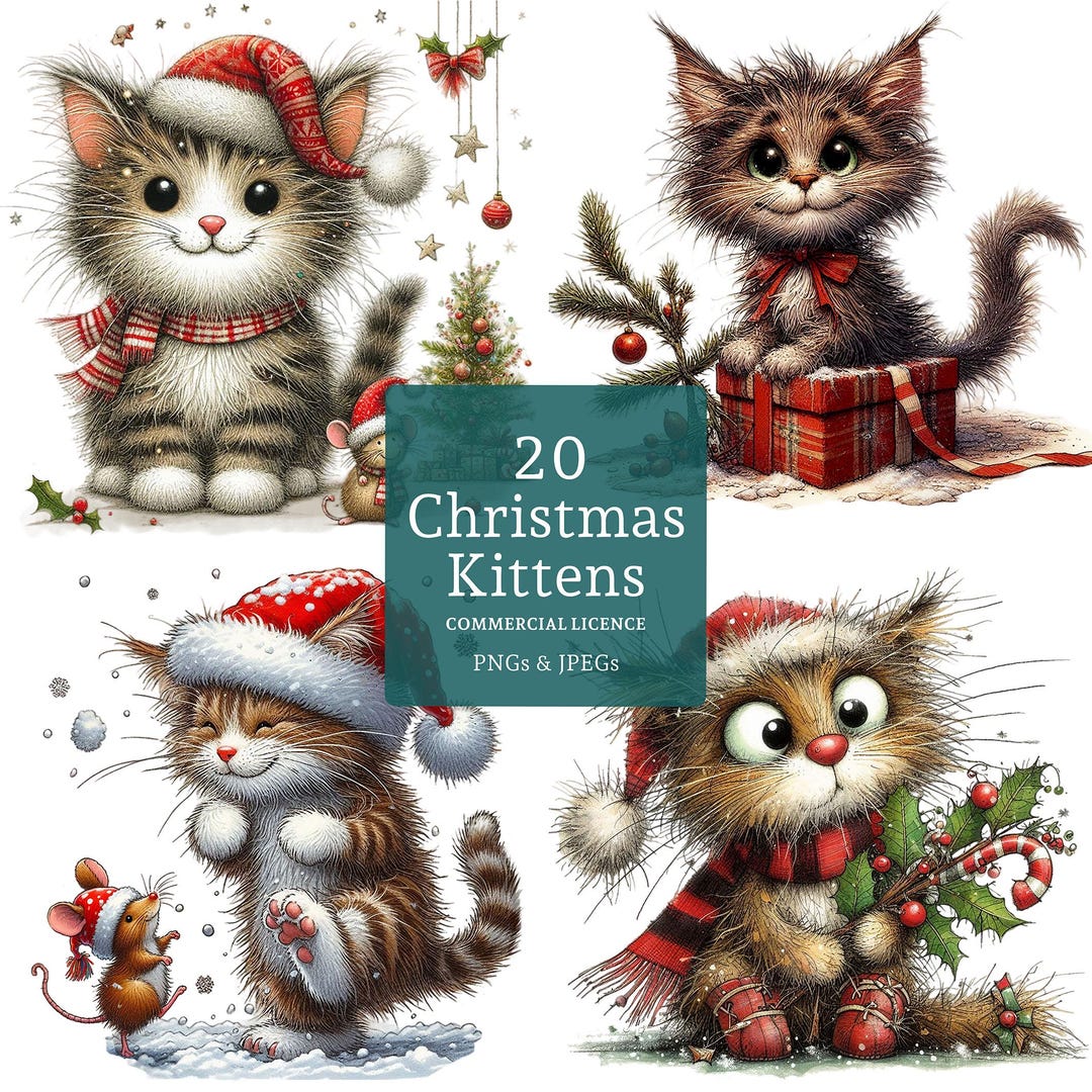 Christmas Kitten Clipart 20 Pngs/jpgs, Festive Cat Clipart, Quirky Pet ...