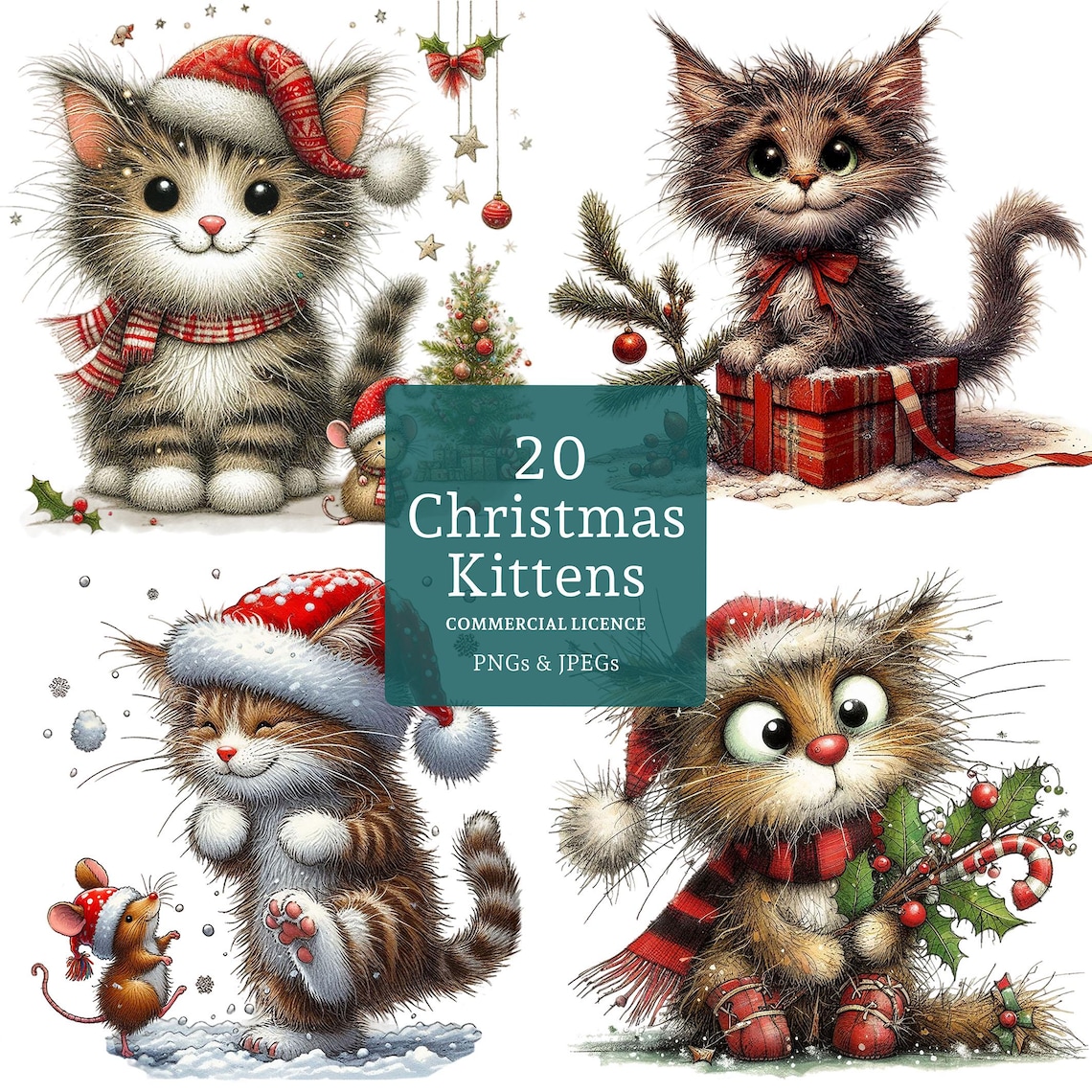 Christmas Kitten Clipart 20 Pngs/jpgs, Festive Cat Clipart, Quirky Pet ...