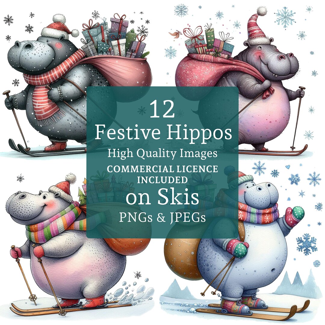 Christmas Hippos Clipart, 12 Pngs/jpgs, Pastel Festive Hippo Art, Cute ...
