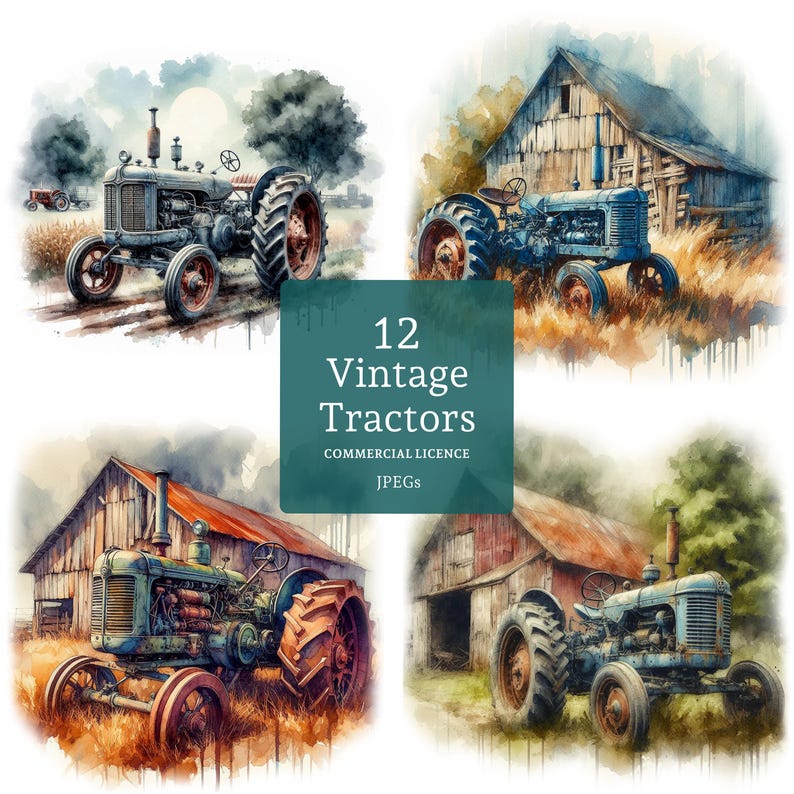 Old Tractor Clipart, 12 High Quality Jpgs, Watercolour Retro Farming ...