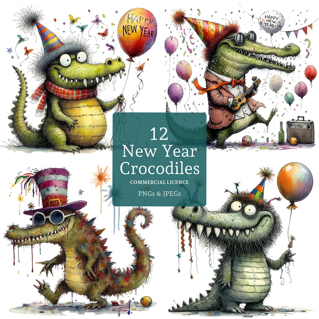 Funny Crocodile Clipart, 12 Pngs/jpgs, Quirky Festive Alligators, New ...