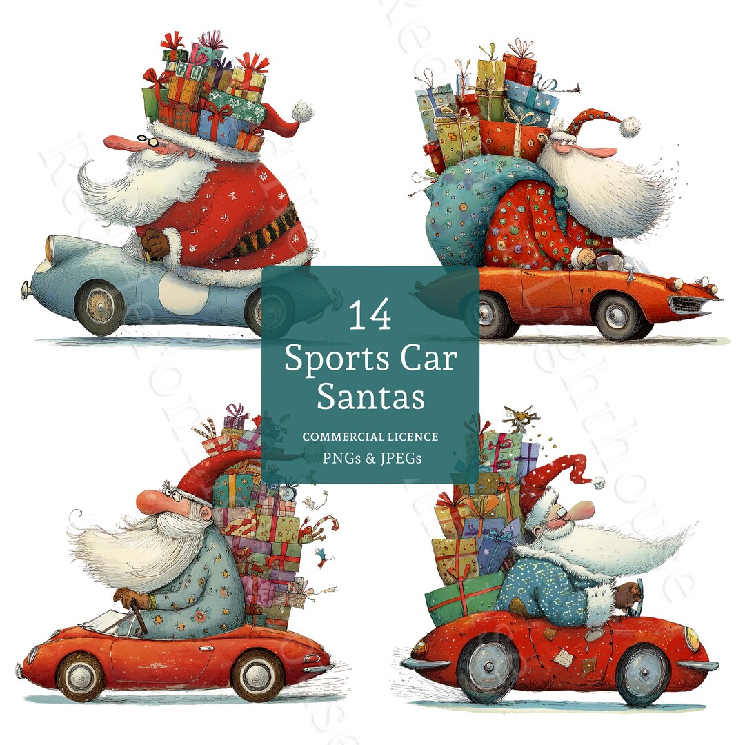 Festive Santa Car Clipart, Watercolour Christmas Crafts, 14 Pngs/jpgs ...