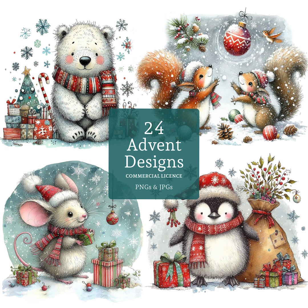 Cute Christmas Clipart 24 Pngs/jpgs, Advent Calendar Designs, Festive ...