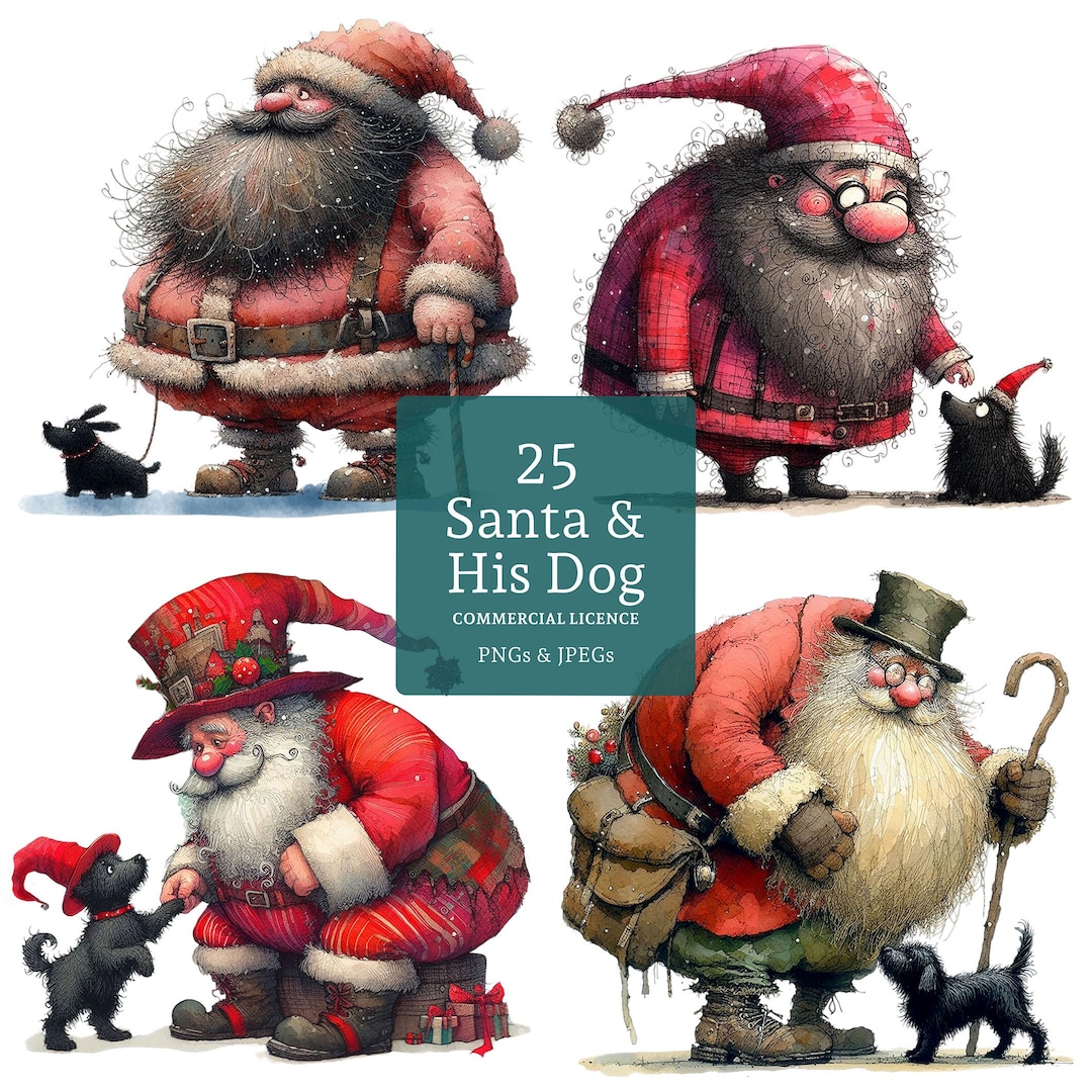 Santa & His Dog Clipart, High Quality Designs, 25 Pngs/jpgs, Whimsical ...