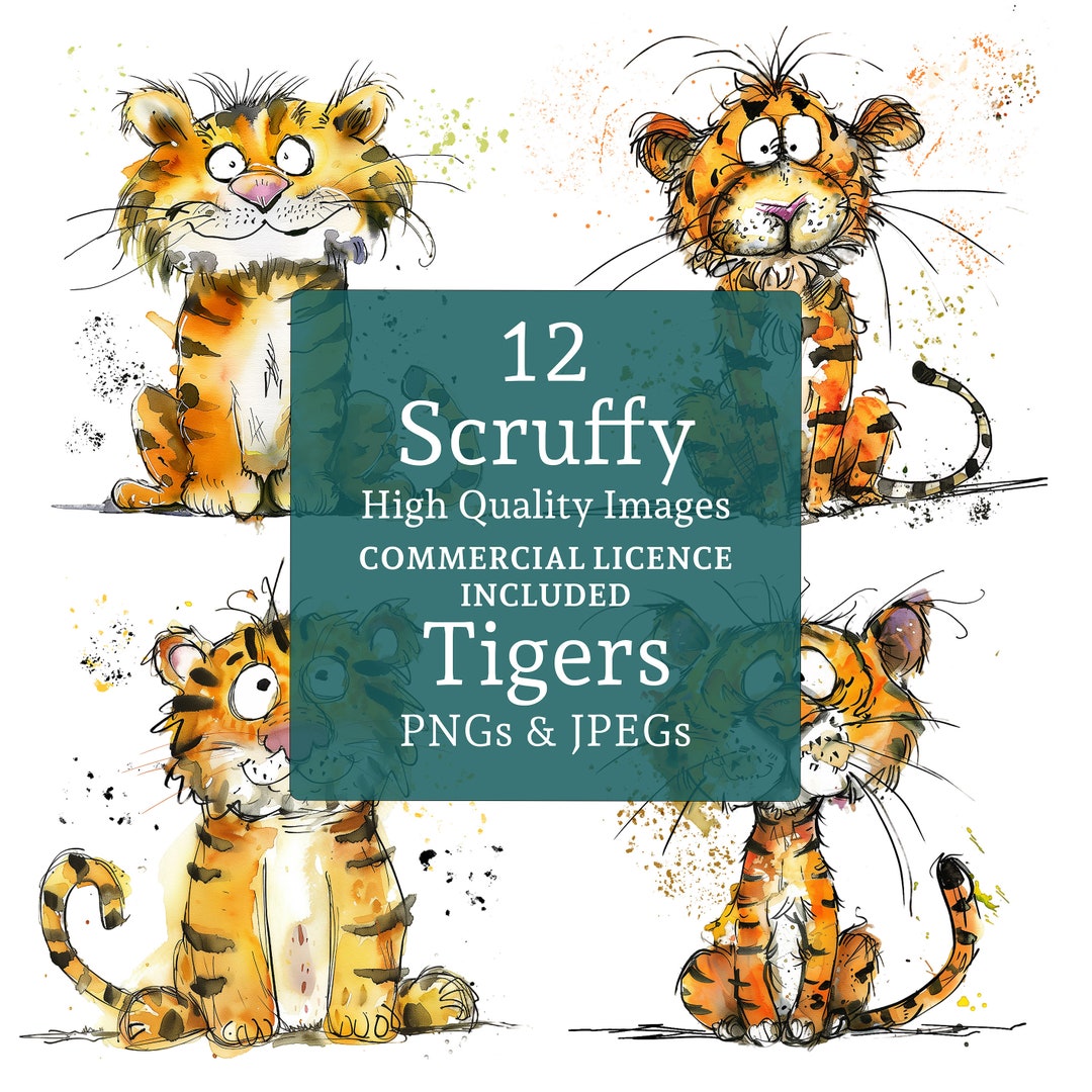 Scruffy Tiger Watercolour Clipart, 12 Pngs/jpgs, Funny Tiger Designs ...