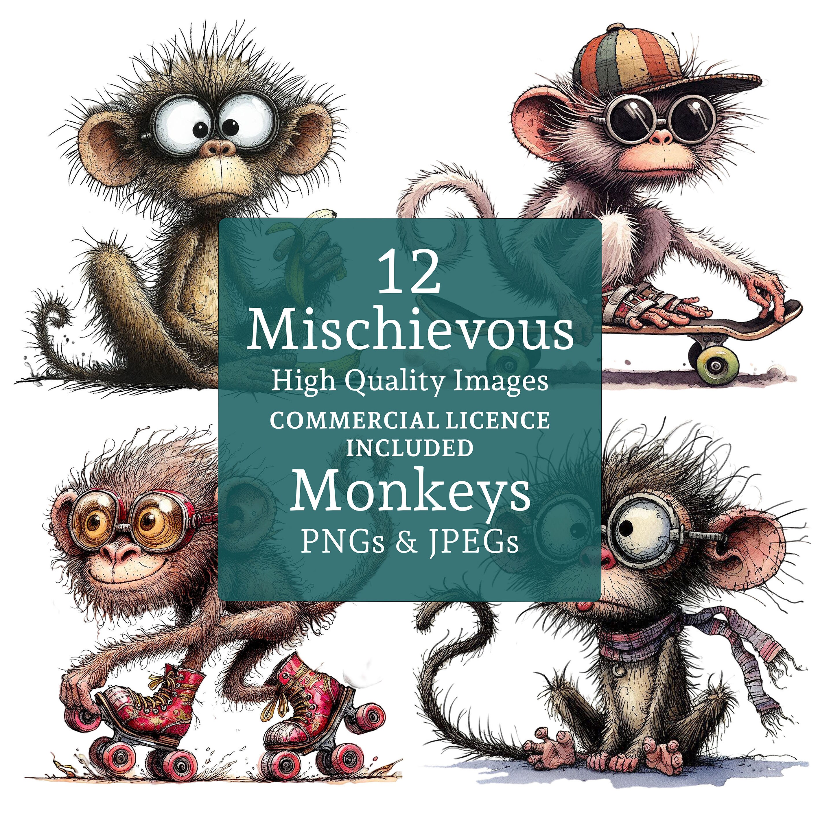 Cute & Funny Monkeys Watercolour Clipart, 12 Pngs/jpgs, Scruffy Chimp ...