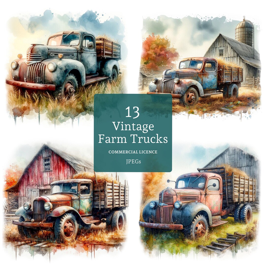 Retro Farm Truck Clipart, 13 High Quality Jpgs, Watercolour Rustic Barn ...