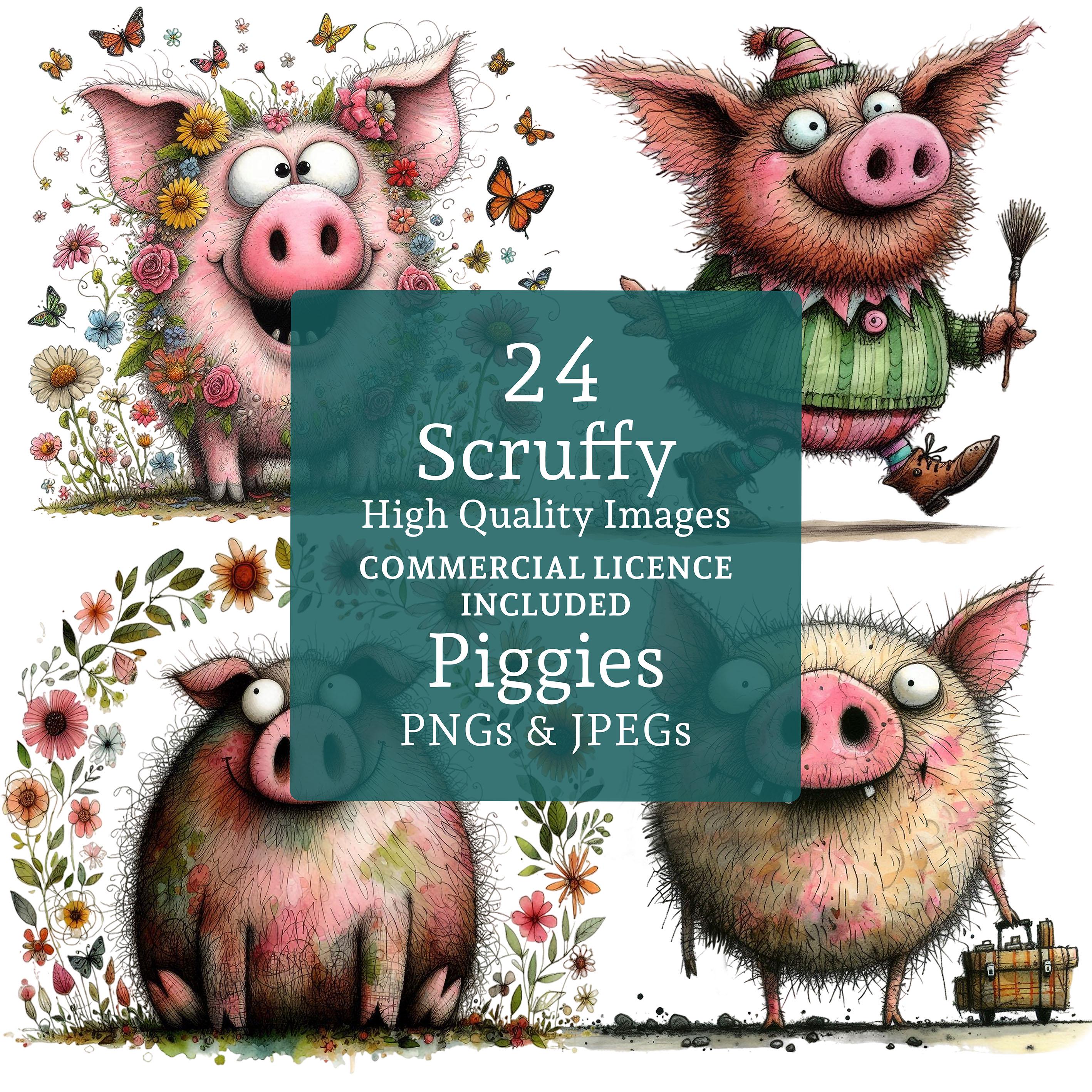 Scruffy Pig Clipart Set 24 Pngs/jpgs, Funny Pig Clipart, Quirky Farm ...