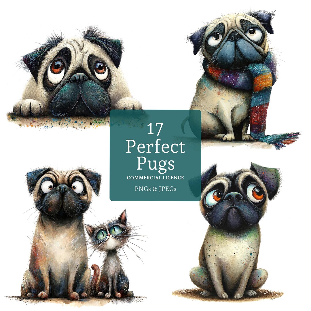 Funny Pug Clipart, Watercolour Quirky Dog Breed Clipart, 17 Pngs/jpgs ...