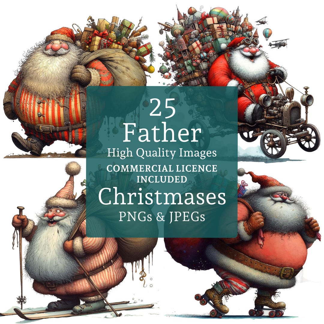 Father Christmas Clipart 25 Pngs/jpgs, Whimsical Santa Ephemera, Card ...