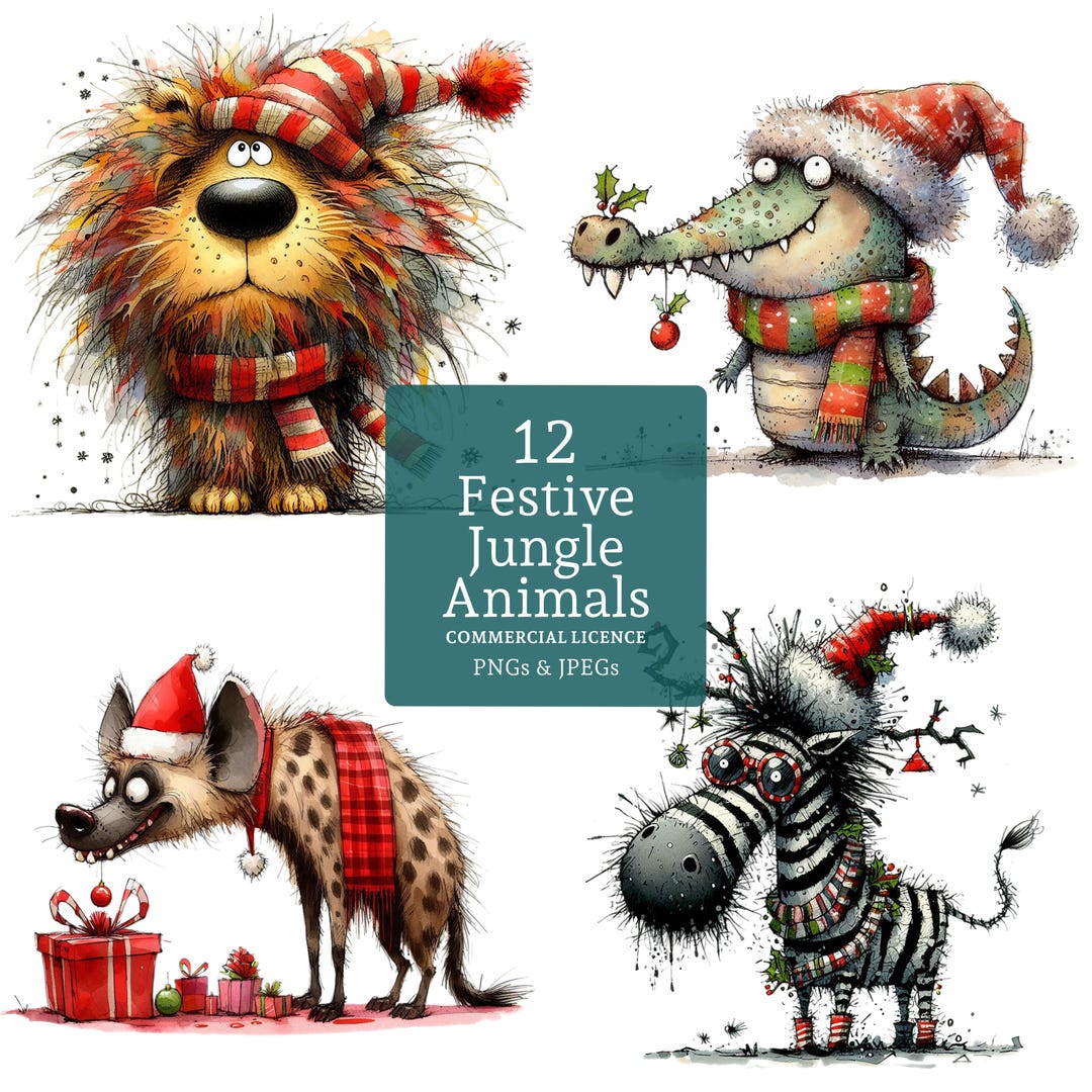 Christmas Jungle Animals Clipart, 12 High Quality Pngs/jpgs, Funny ...