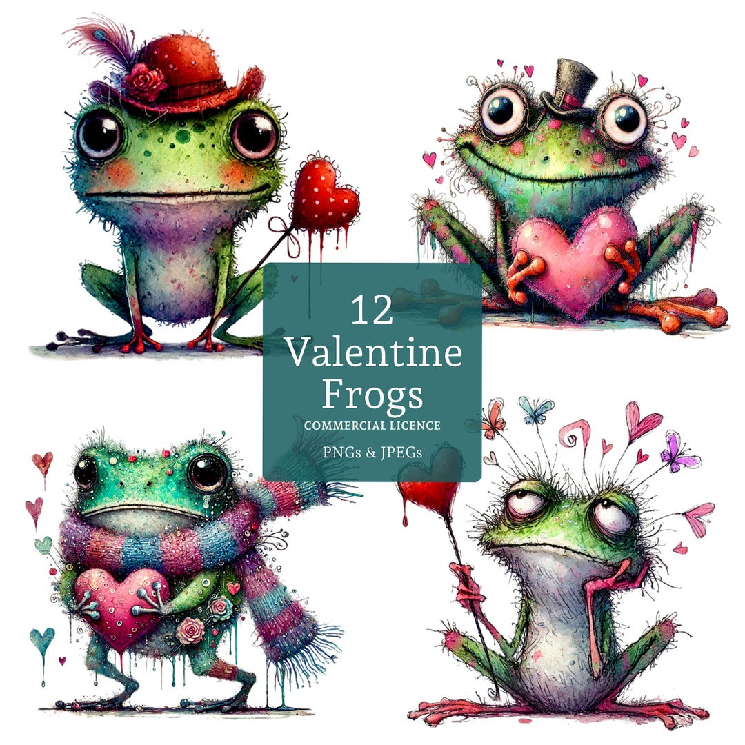 Valentine Frog Clipart, 12 High Quality Pngs/jpgs, Cute Frog With Love ...