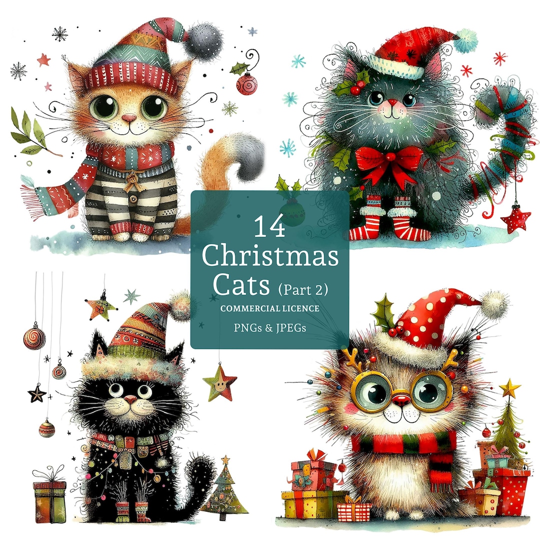 Christmas Cat Clipart, 14 High Quality Pngs/jpgs, Holiday Kitten Images ...
