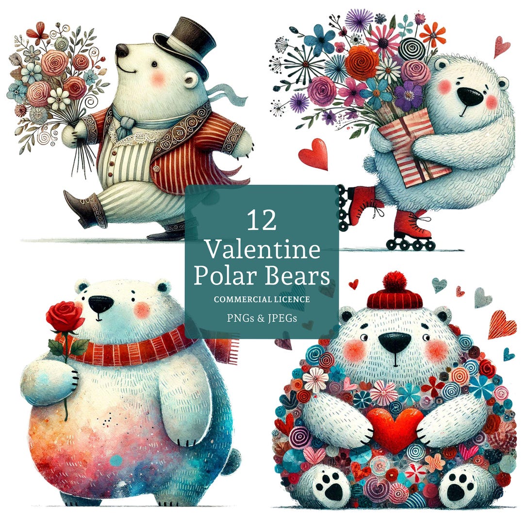 Valentine Polar Bear Clipart, 12 High Quality Pngs/jpgs Quirky Love ...