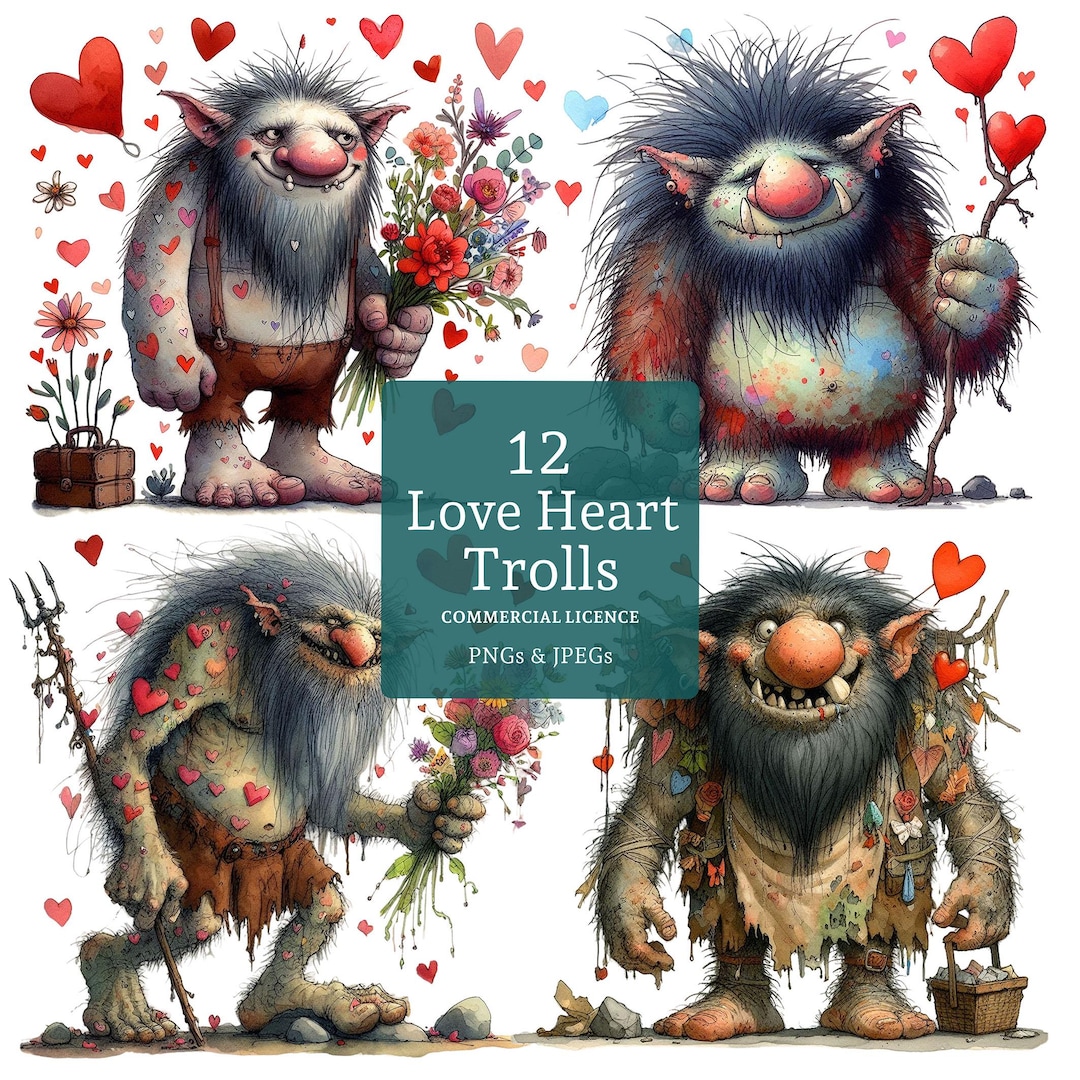 Love Heart Troll Clipart, 12 High Quality Pngs/jpgs, Whimsical Ogres ...