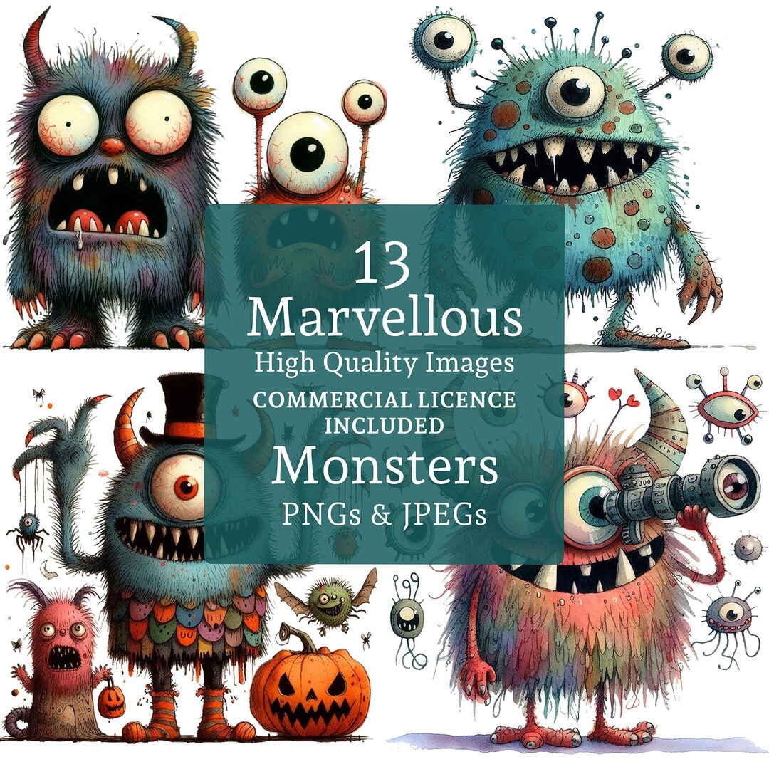 Little Monster Clipart 13 Pngs/jpgs, Funny Halloween Monster Clipart ...