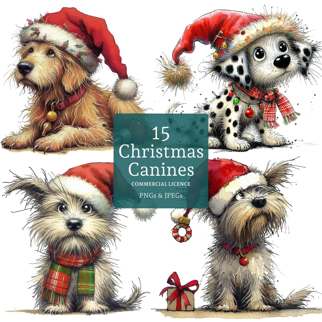 Cute Christmas Dog Clipart 15 Pngs/jpgs, Xmas Pet Dogs, Fun Animal ...