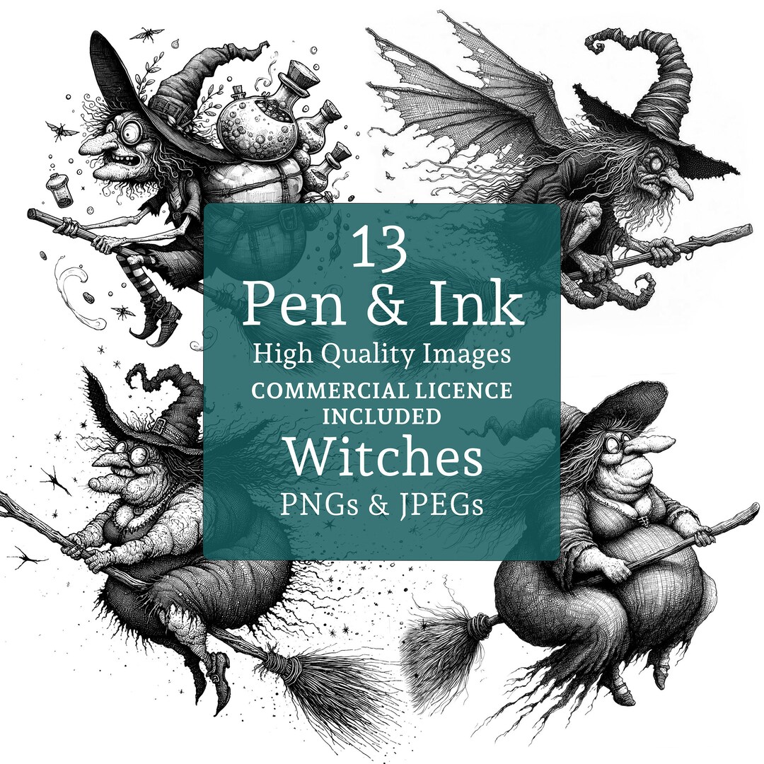 Wacky Witch Clipart, 13 Pngs/jpgs, Funny Witches on Broomsticks ...