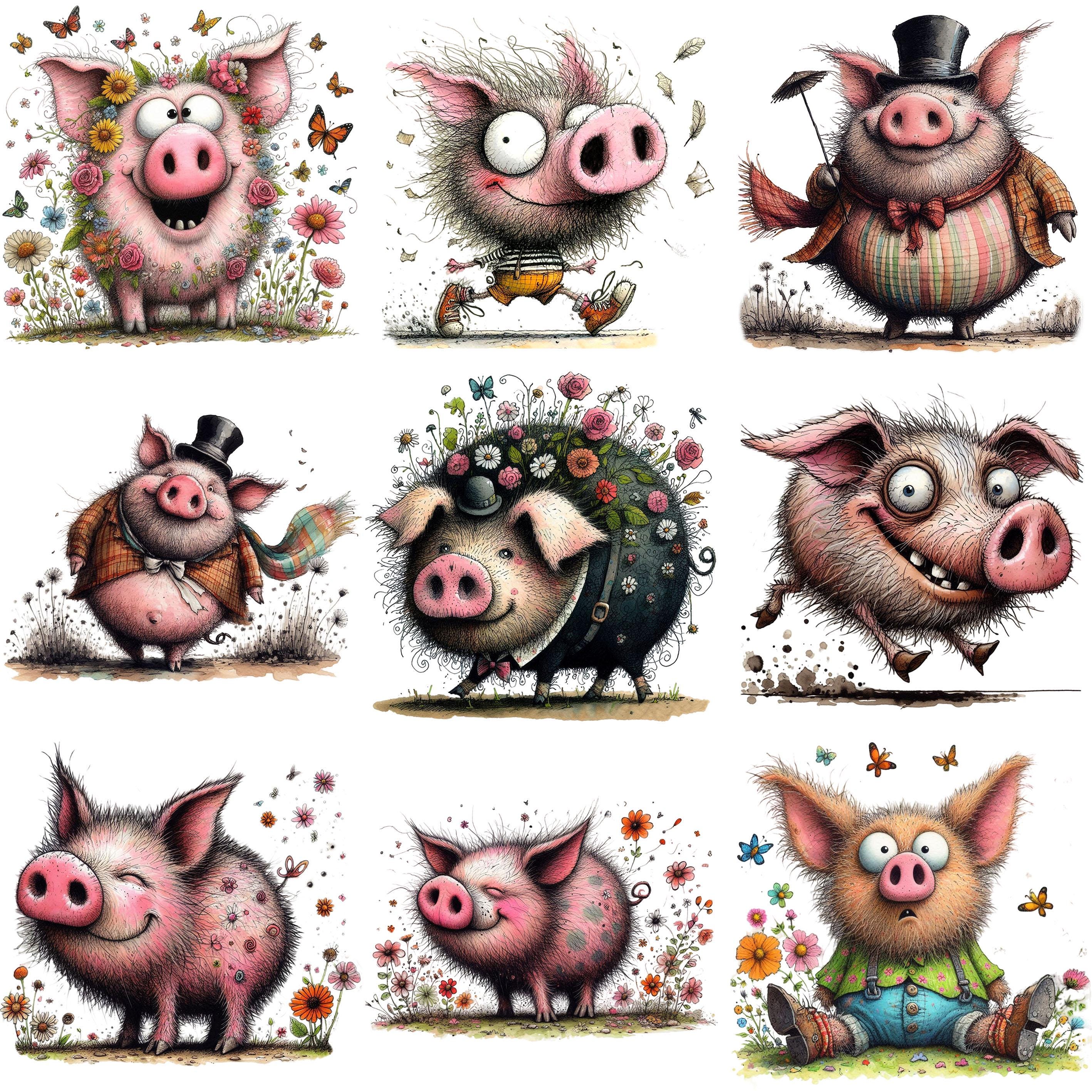 Scruffy Pig Clipart Set 24 Pngs/jpgs, Funny Pig Clipart, Quirky Farm ...