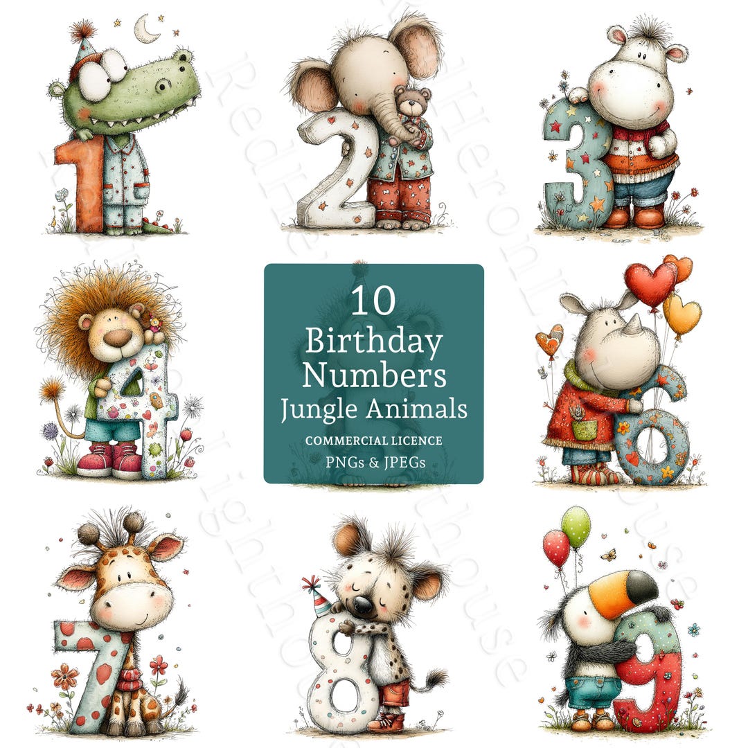 Jungle Animal Numbers Clip Art, Watercolour Birthday Safari Graphics ...