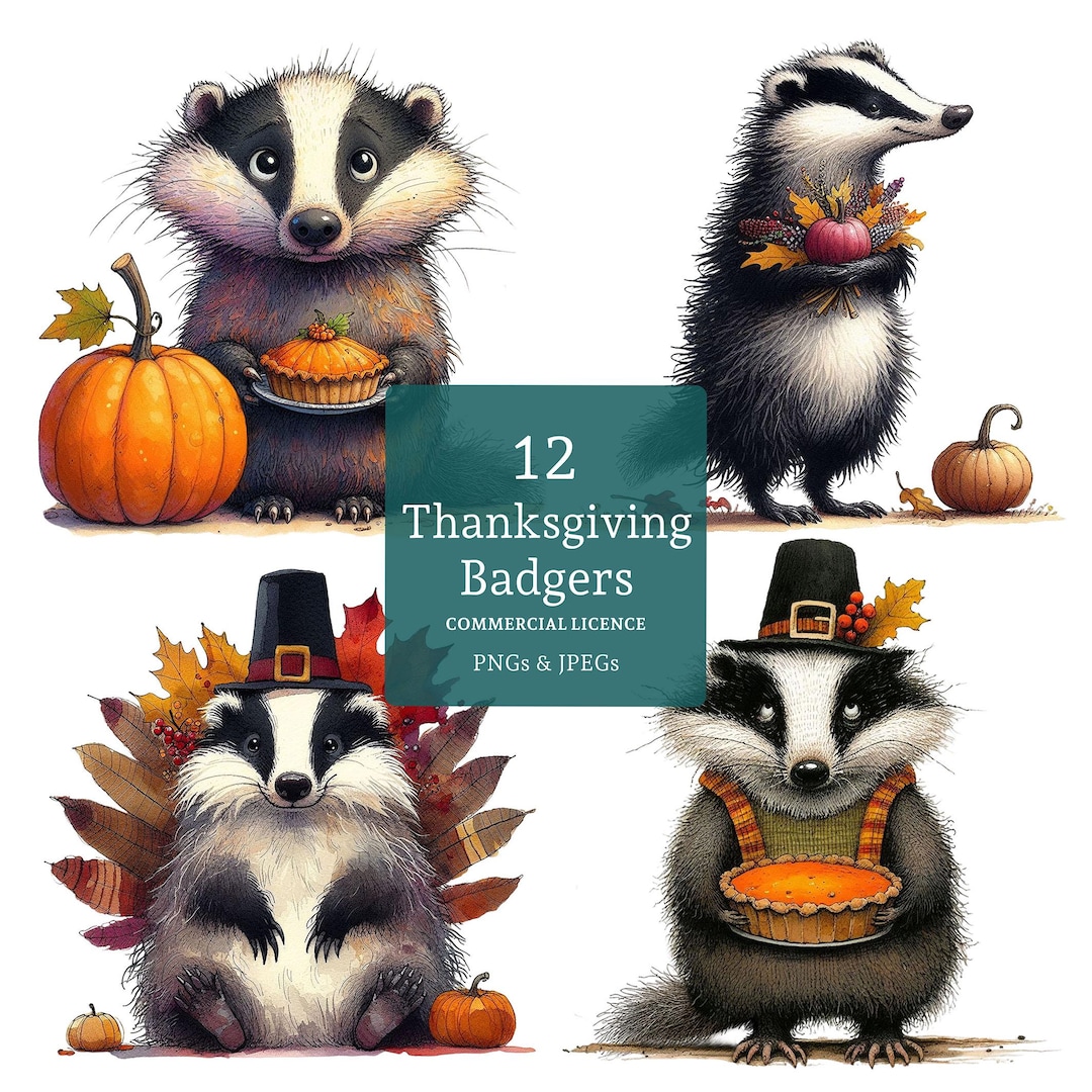 Thanksgiving Badger Clipart, 12 High Quality Pngs/jpgs, Quirky Animal ...