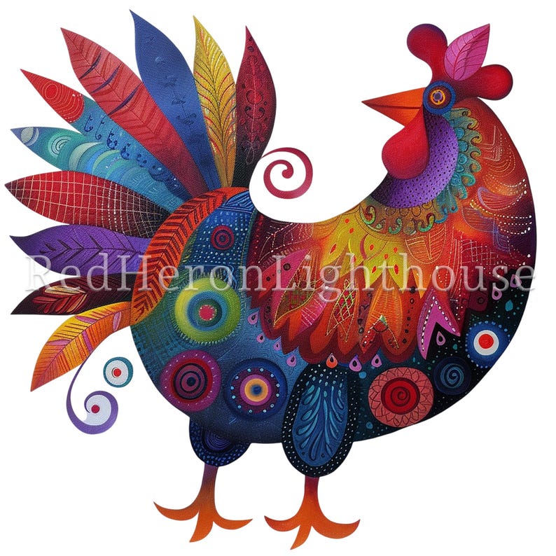 Folk Art Rooster Clipart 12 High Quality Pngs/jpgs, Watercolour Farm ...