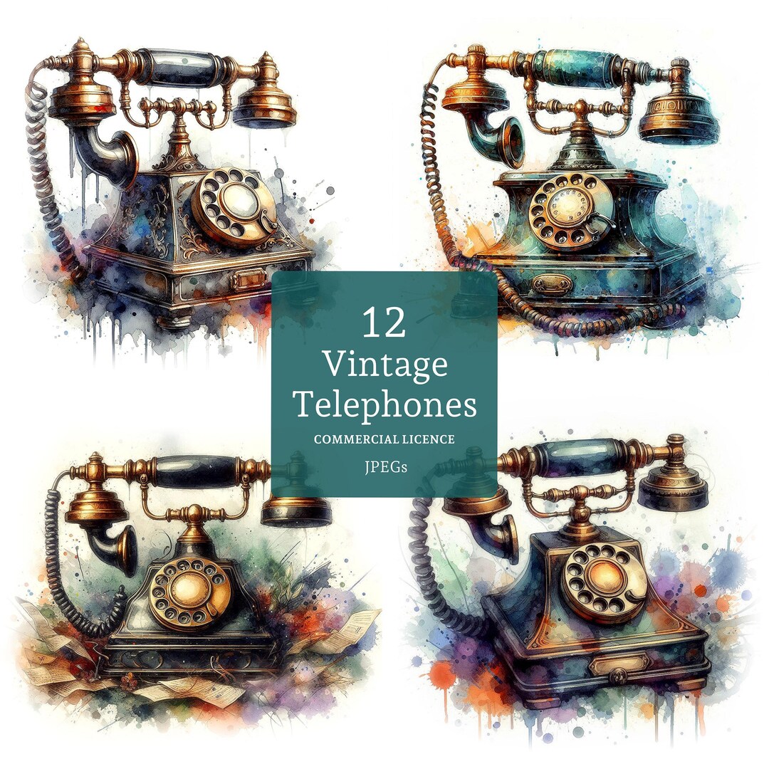 Vintage Telephone Clipart, 12 High Quality Jpgs, Watercolour Antique ...