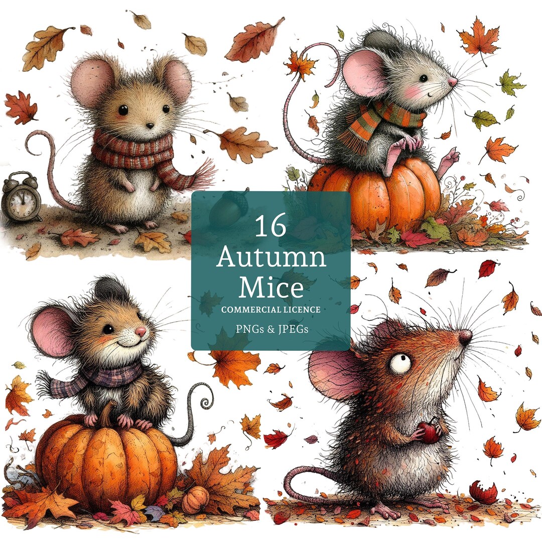 Cute Autumn Mice Clipart Set, 16 Pngs/jpegs, Adorable Fall Mice Designs ...