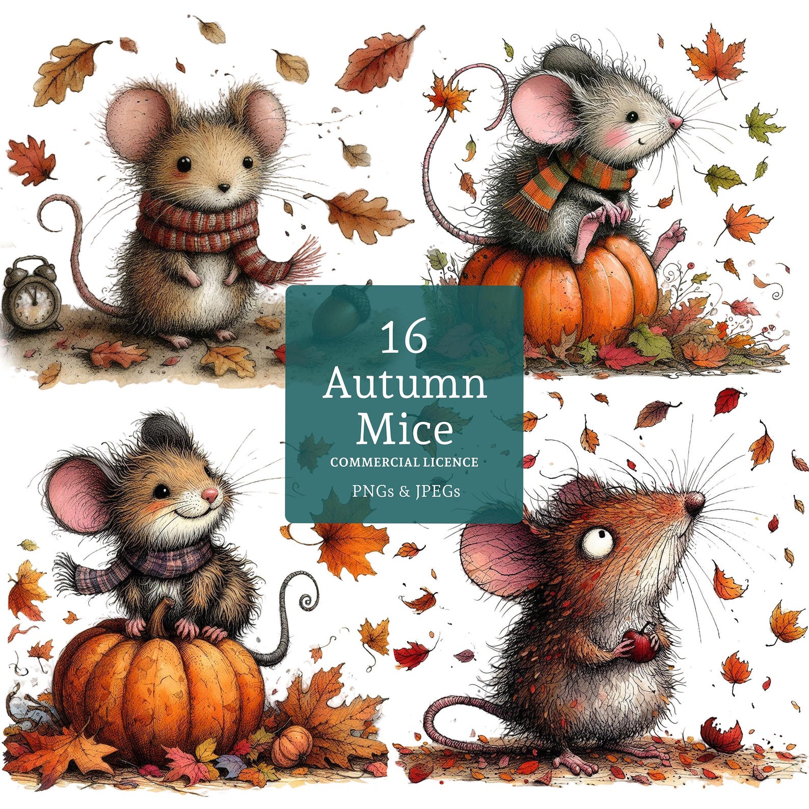 Cute Autumn Mice Clipart Set, 16 Pngs/jpegs, Adorable Fall Mice Designs ...
