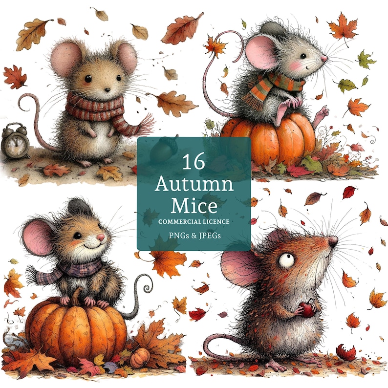 Cute Autumn Mice Clipart Set, 16 Pngs/jpegs, Adorable Fall Mice Designs ...