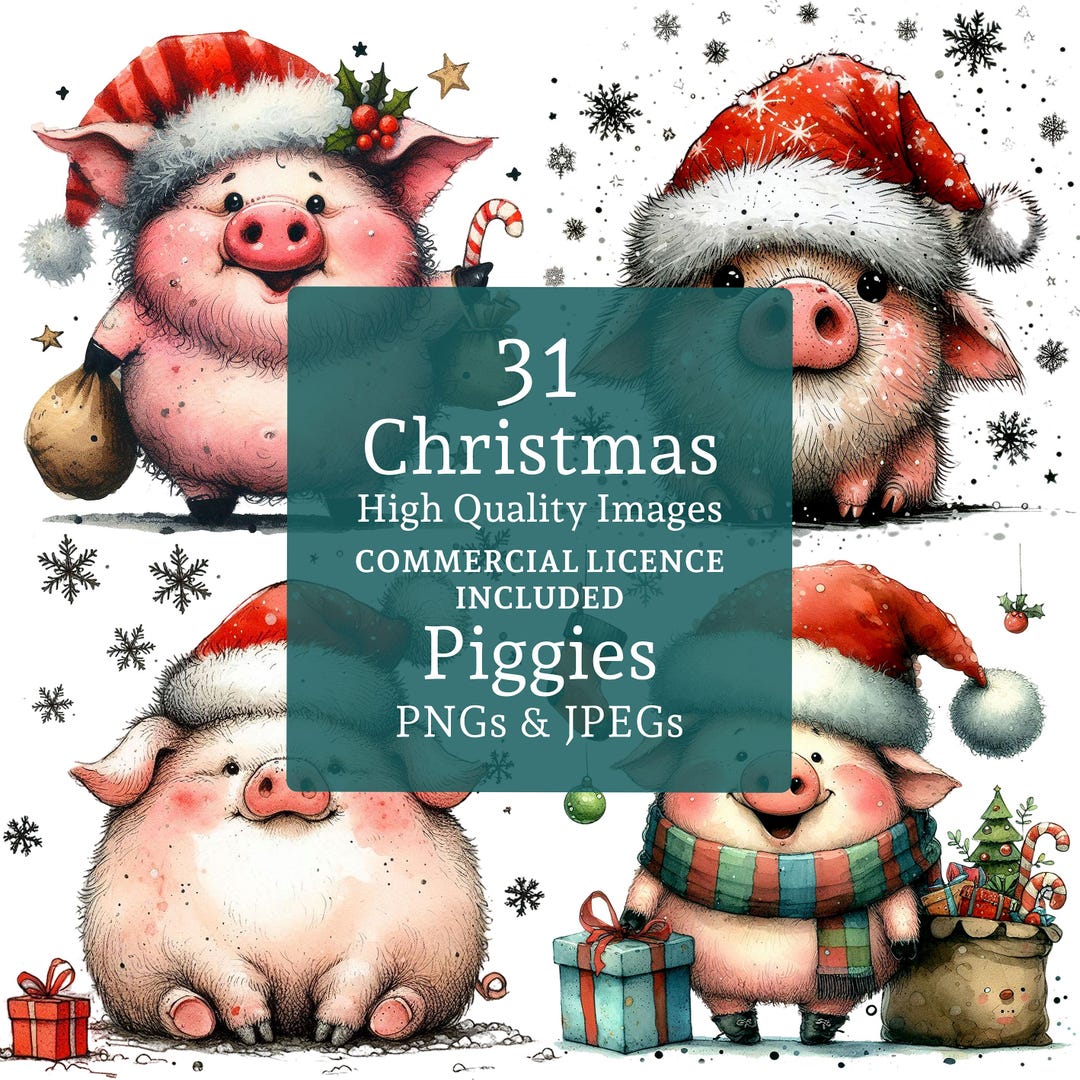 Christmas Pig Clipart, 31 Pngs/jpgs, Festive Holiday Pig Clipart, Cute ...