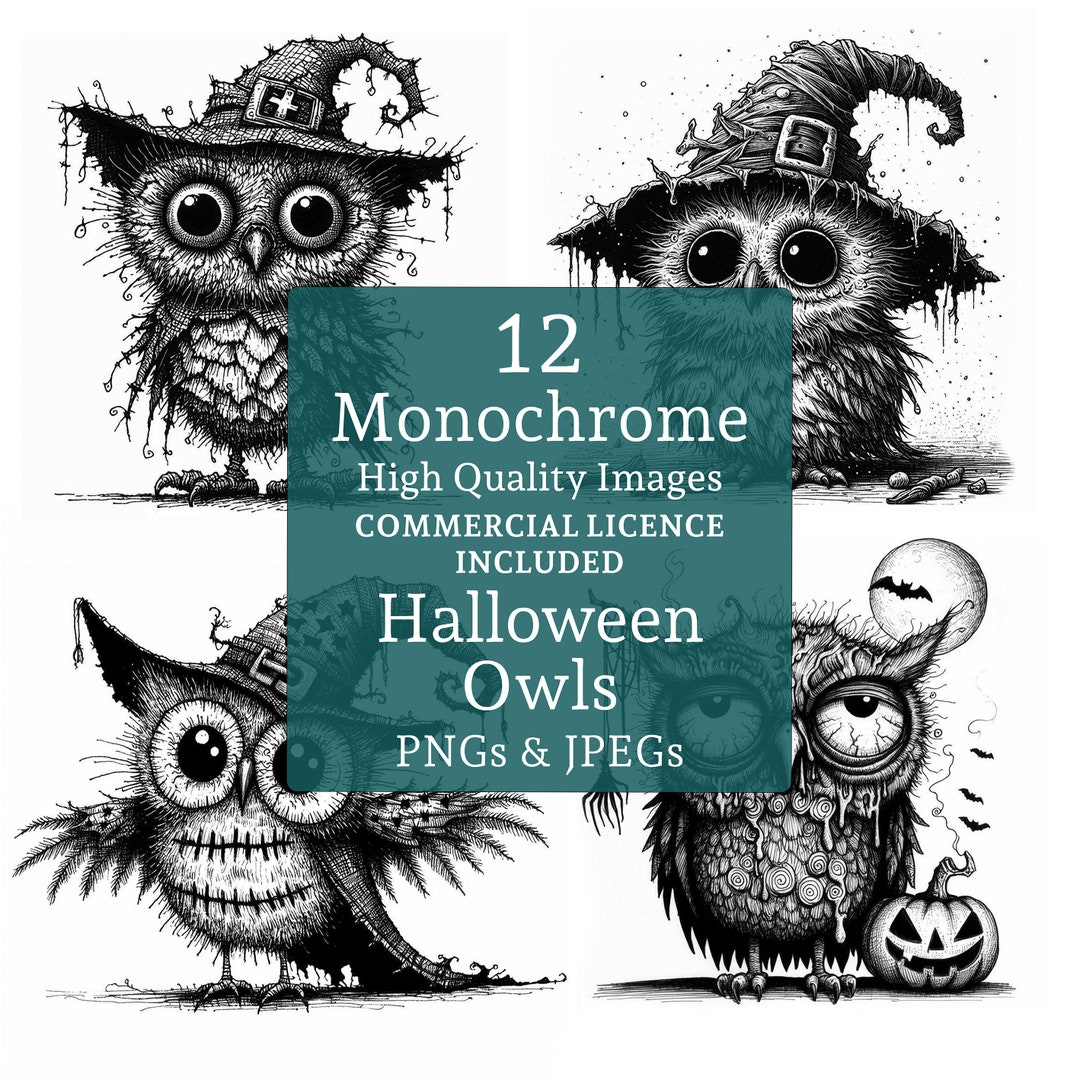 Pen & Ink Halloween Owl Clipart Set, 12 Pngs/jpgs, Funny Halloween ...