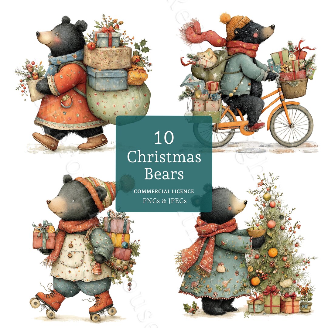 Christmas Bear Clip Art, 10 Watercolour Whimsical Nursery Animal Pngs ...