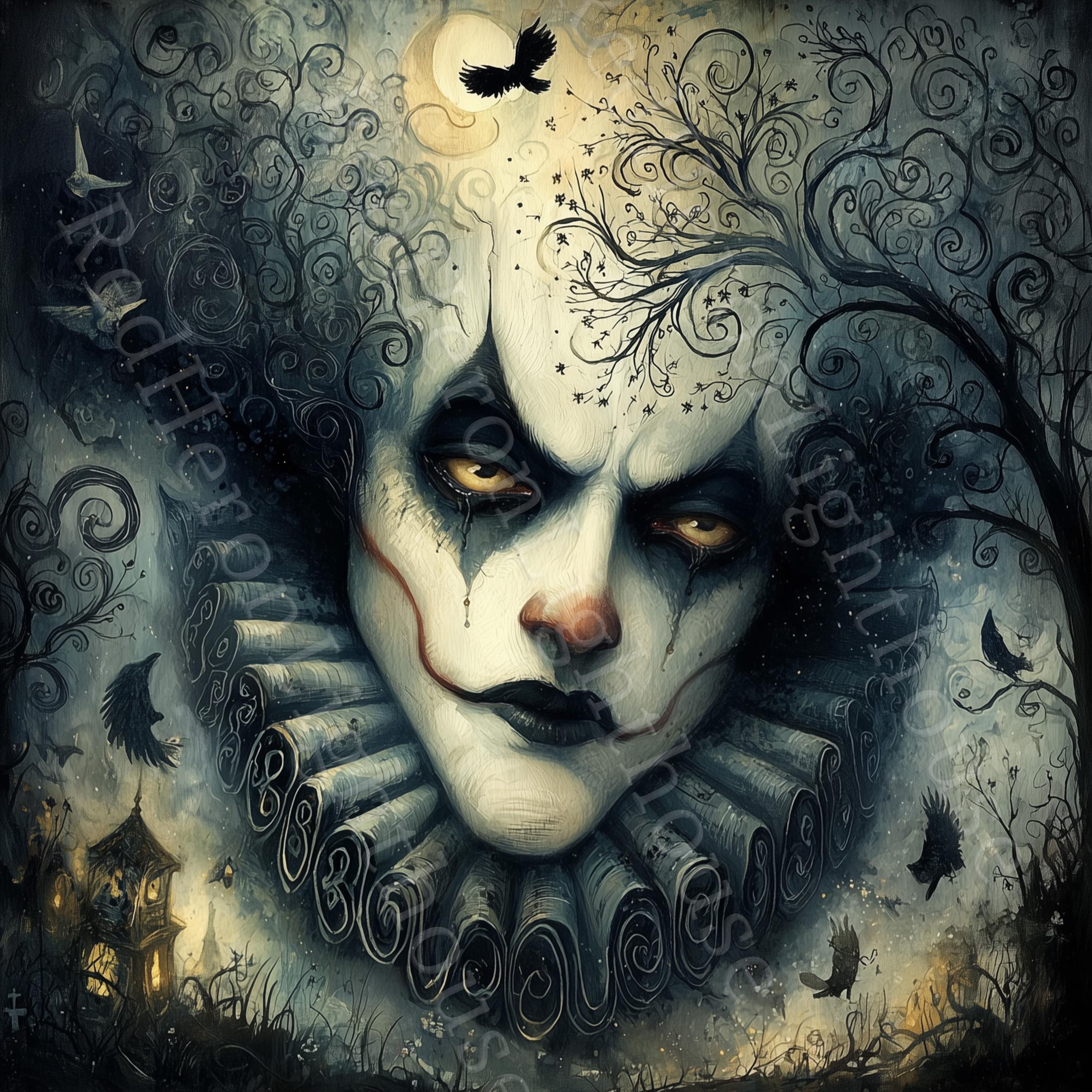 Spooky Pierrot Clown Clip Art: Watercolour Harlequin Horror Ephemera ...