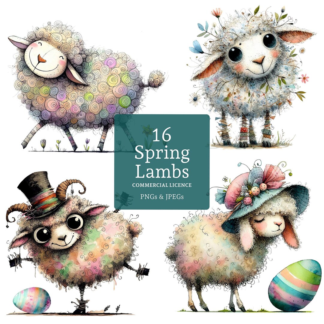 Spring Lambs Clipart, 16 High Quality Pngs/jpgs, Whimsical Easter Sheep ...