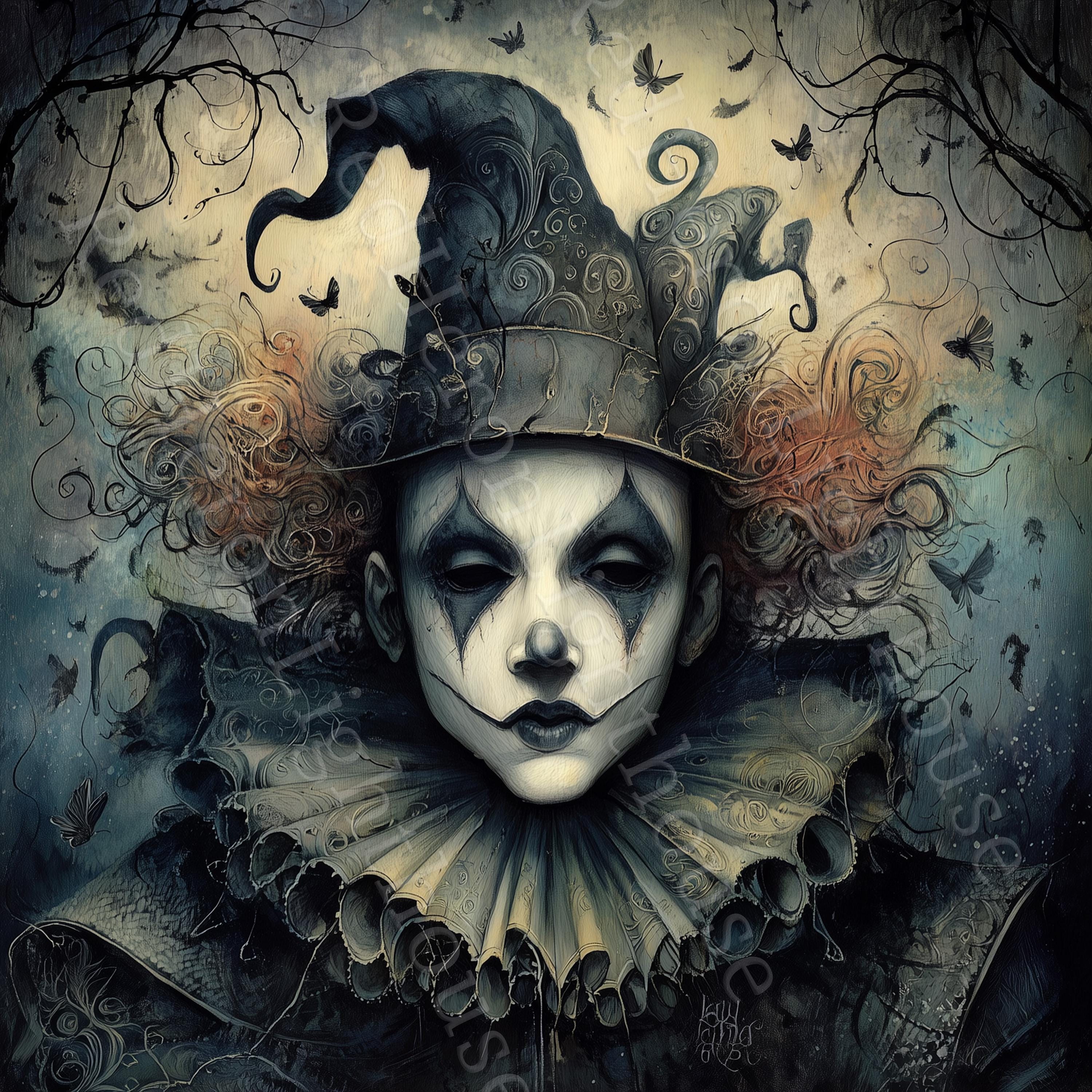 Spooky Pierrot Clown Clip Art: Watercolour Harlequin Horror Ephemera ...