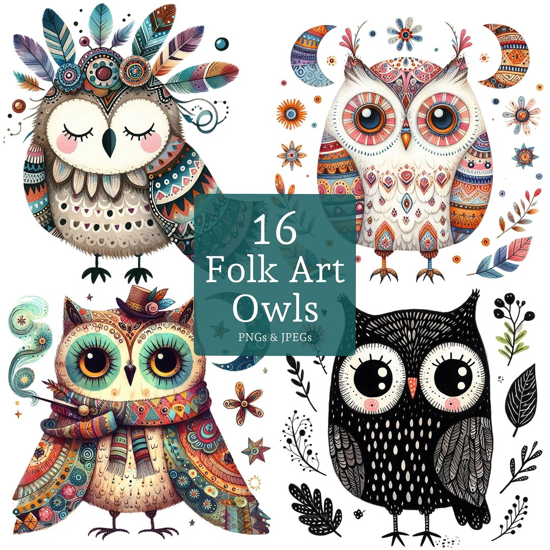 Folk Art Owl Clipart Set, 16 Pngs/jpgs, Pastel Owl Images, Nursery Art ...