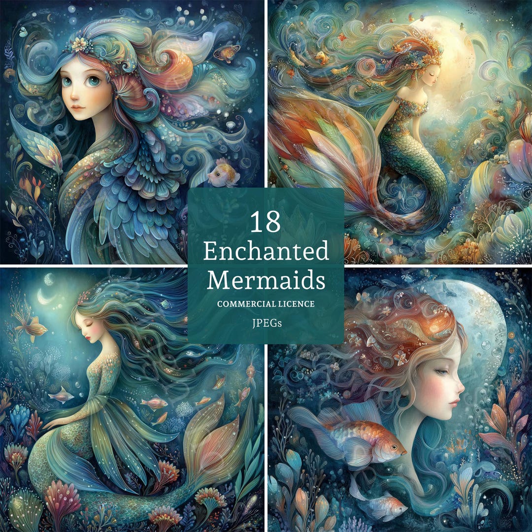 Enchanted Mermaid Clipart, 18 High Quality Watercolour Fantasy Ocean ...