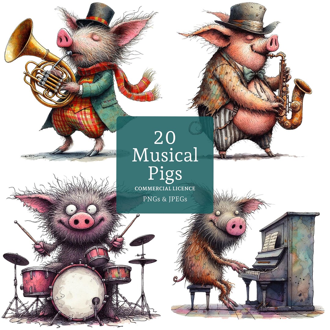 Musical Pig Clipart, 20 High Quality Pngs/jpgs, Whimsical Pigs, Quirky ...