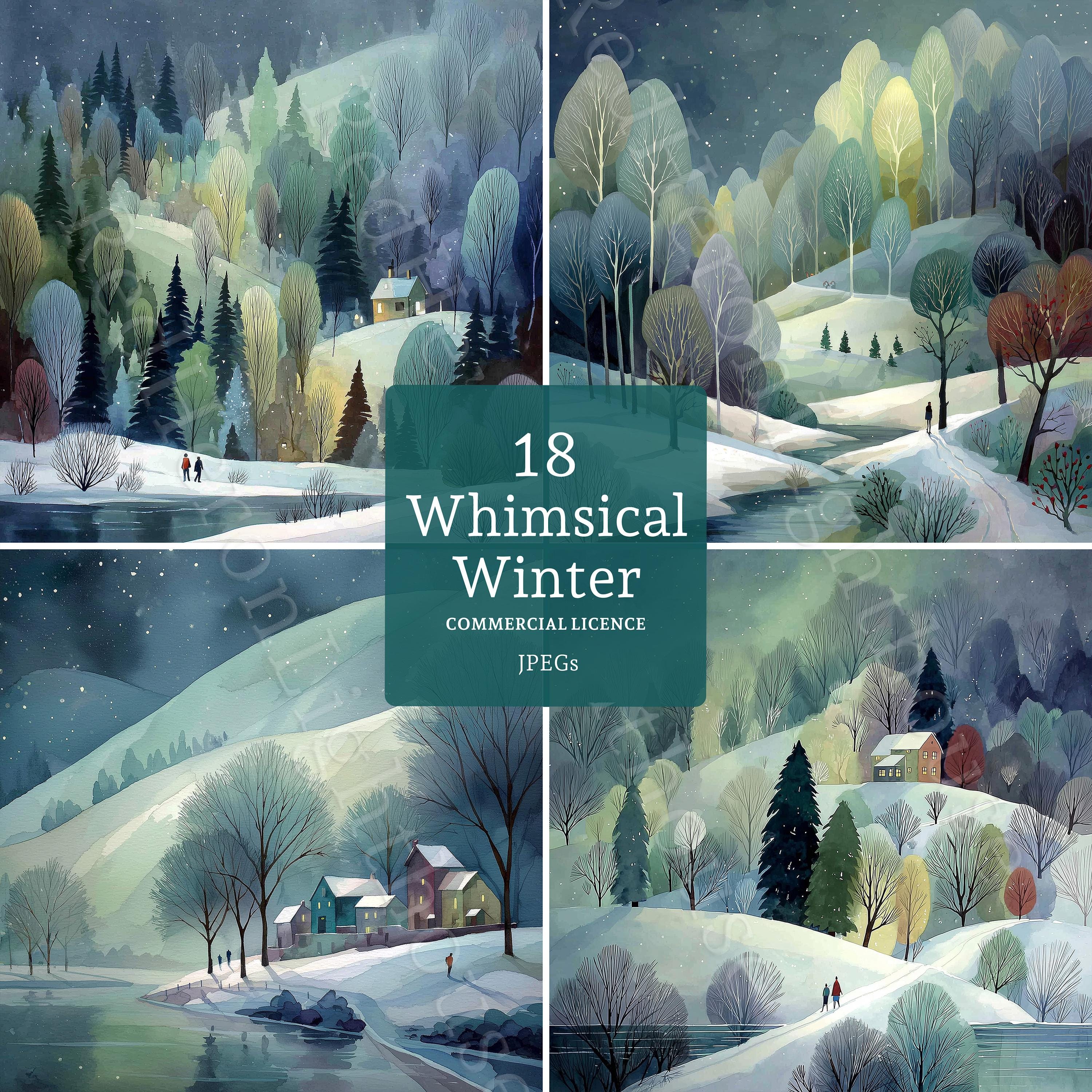 Whimsical Winter Scenery Clip Art: 18 Watercolour Snowy Landscape Jpgs ...