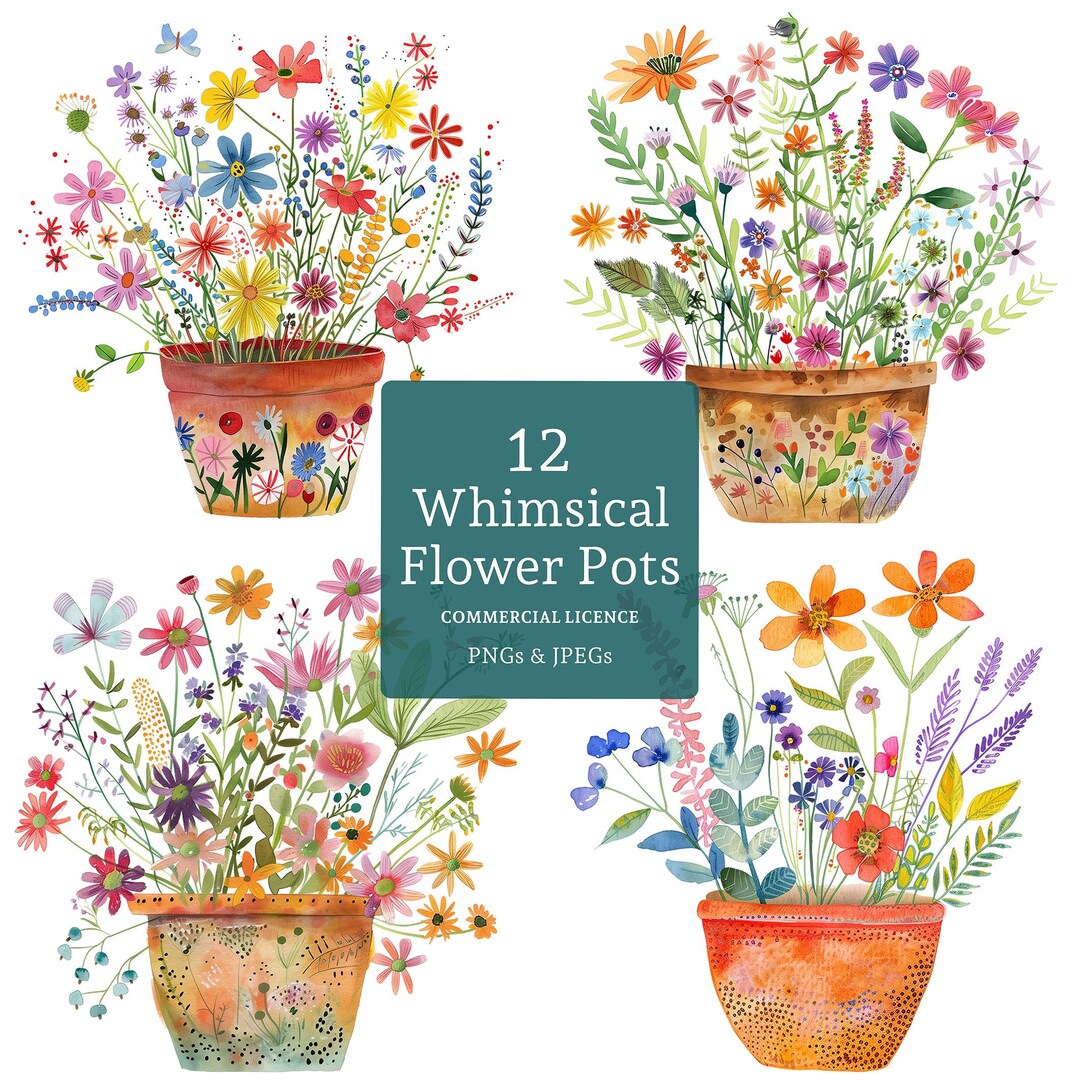 Whimsical Flower Pot Clipart 12 High Quality Pngs/jpgs Watercolour ...