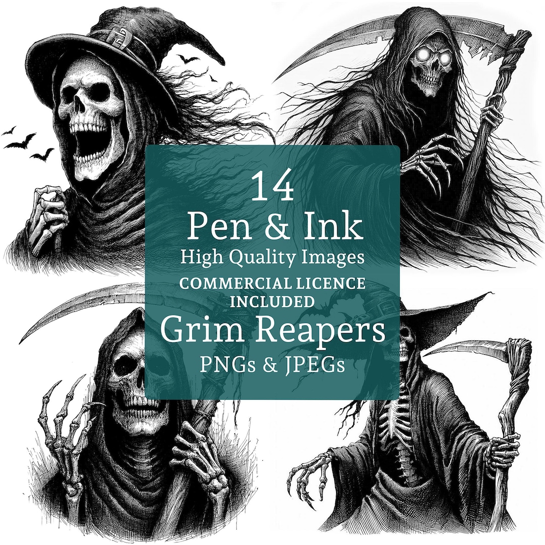 Grim Reaper Pen & Ink Clipart Set, 14 Pngs/jpgs, Terrifying Halloween ...