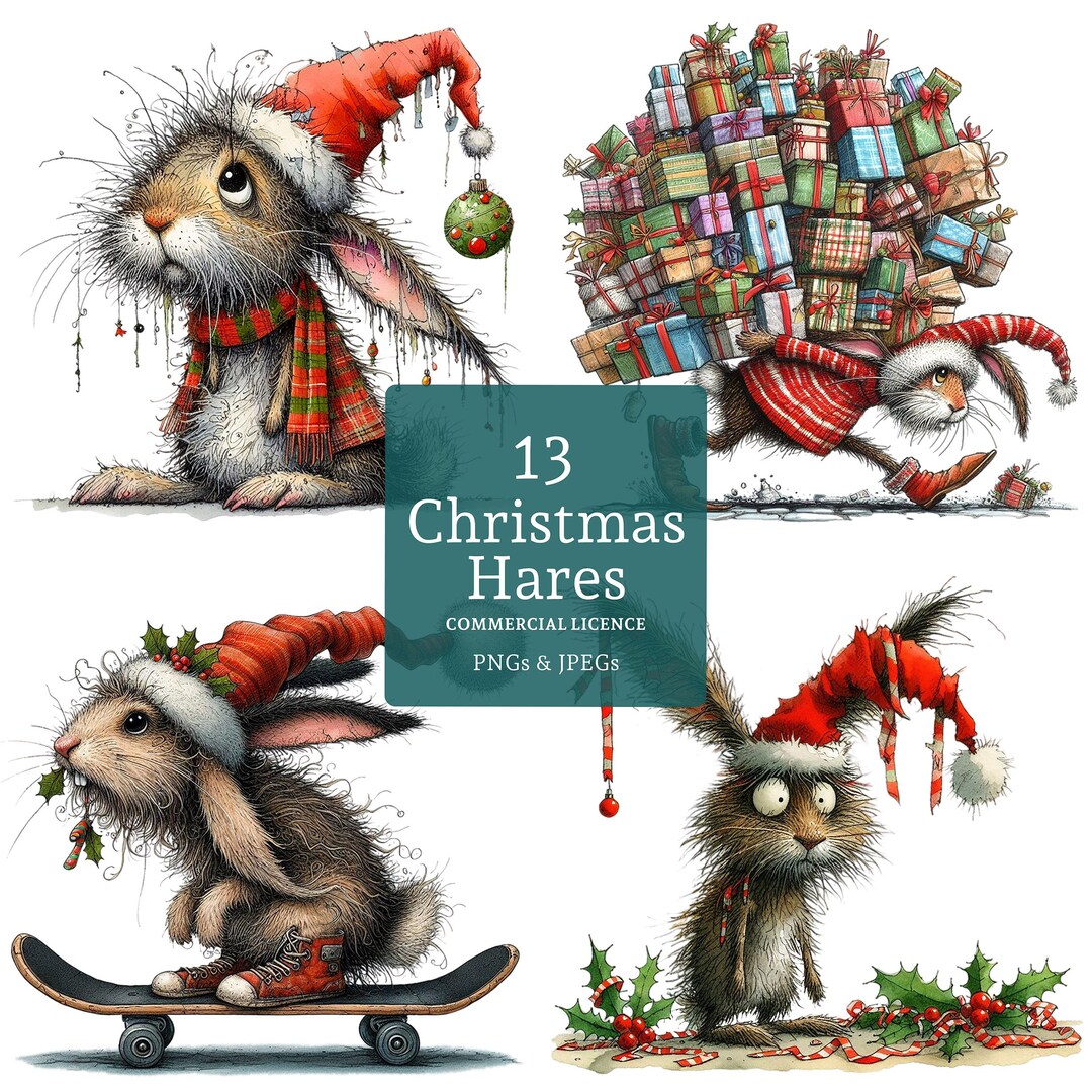 Christmas Hare Clipart, 13 High Quality Pngs/jpgs, Festive Hares ...
