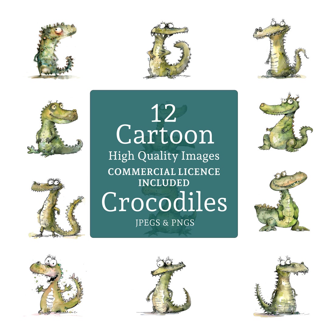 Cartoon Crocodile Clipart, High Quality Designs, 12 Pngs/jpgs, Quirky ...
