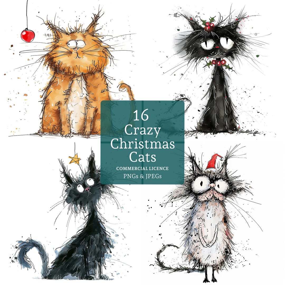Quirky Christmas Cat Clipart, 16 Pngs/jpgs, Scruffy Festive Kittens ...