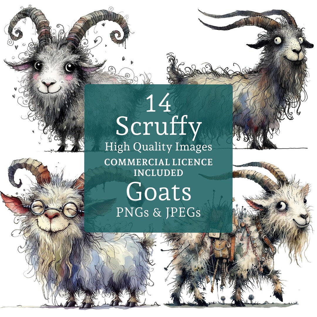 Scruffy Goats Clipart Set, 14 Pngs & Jpegs, Funny Mountain Goats, Cute ...