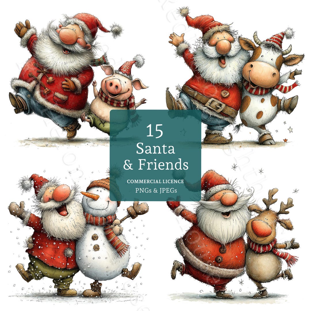 Santa & Animals Clip Art, Watercolour Whimsical Holiday Images, 15 Pngs ...