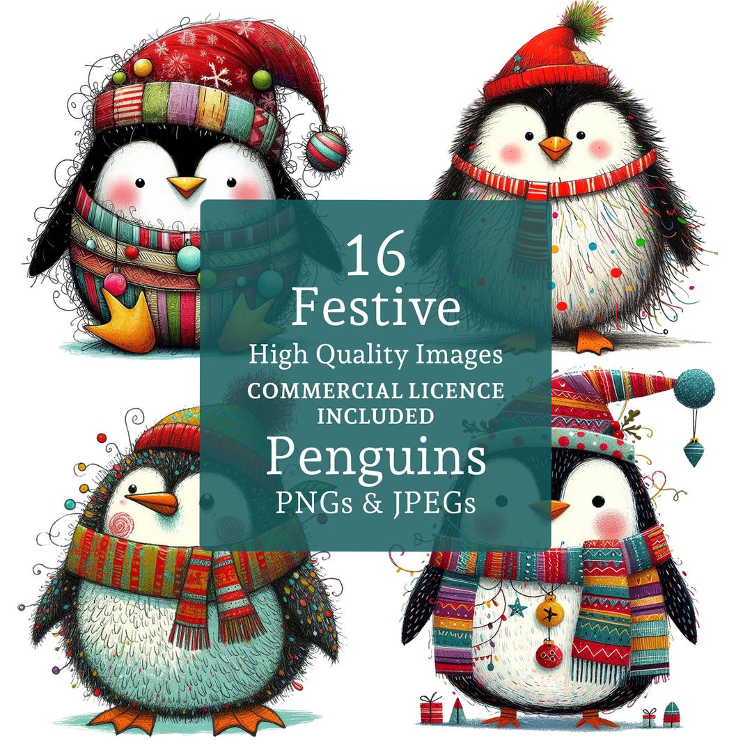 Festive Penguin Clipart 16 Pngs/jpgs, Christmas Penguins, Winter Animal ...